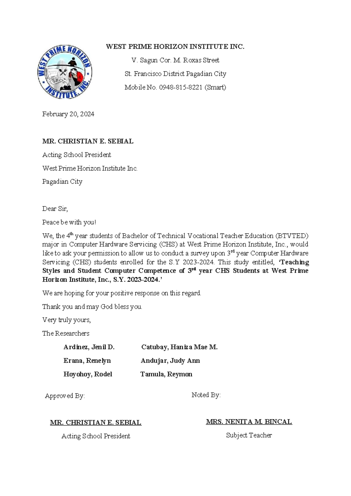 Survey-Letter - For Education Purposes only - WEST PRIME HORIZON ...