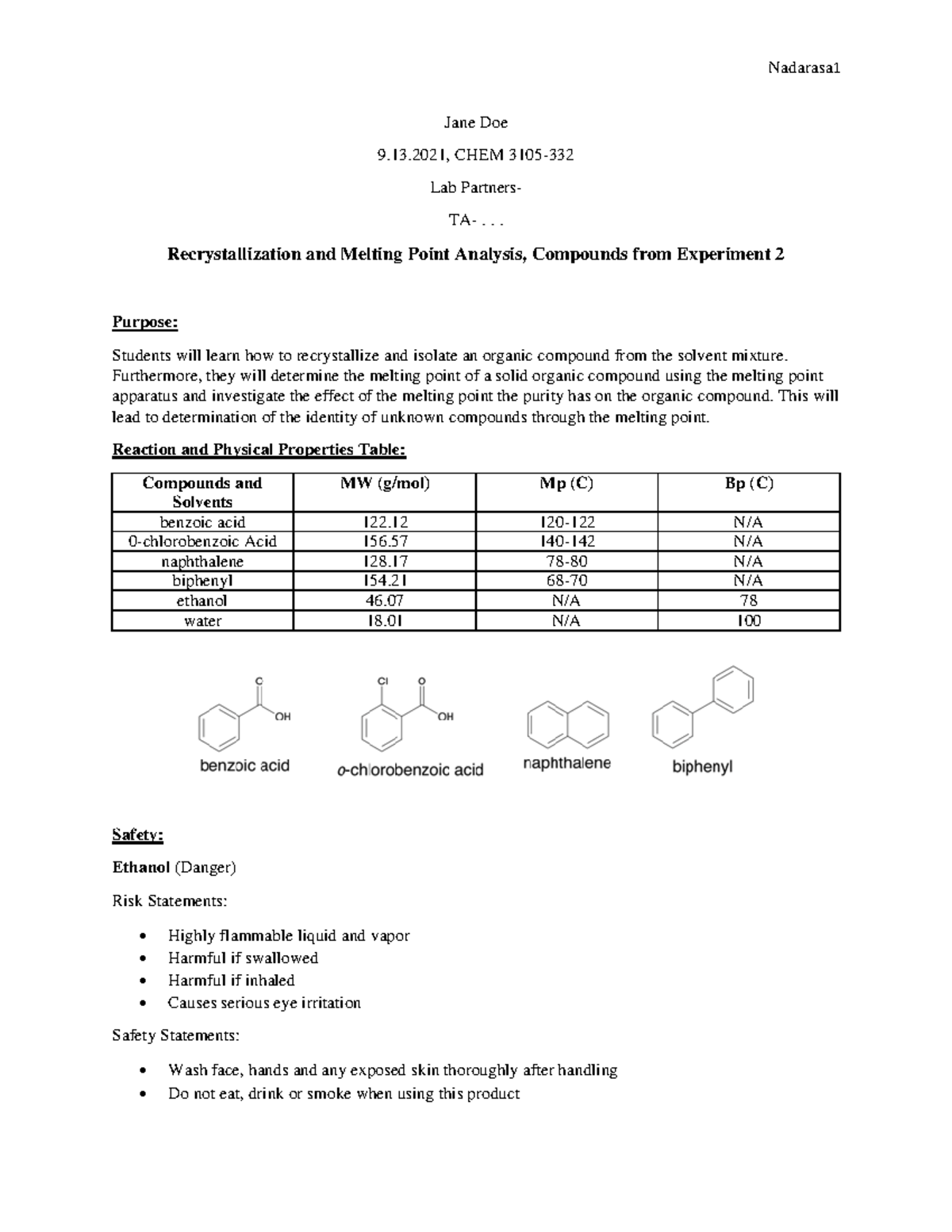 Exp 3 report - Jane Doe 9.13, CHEM 3105- Lab Partners- TA ...
