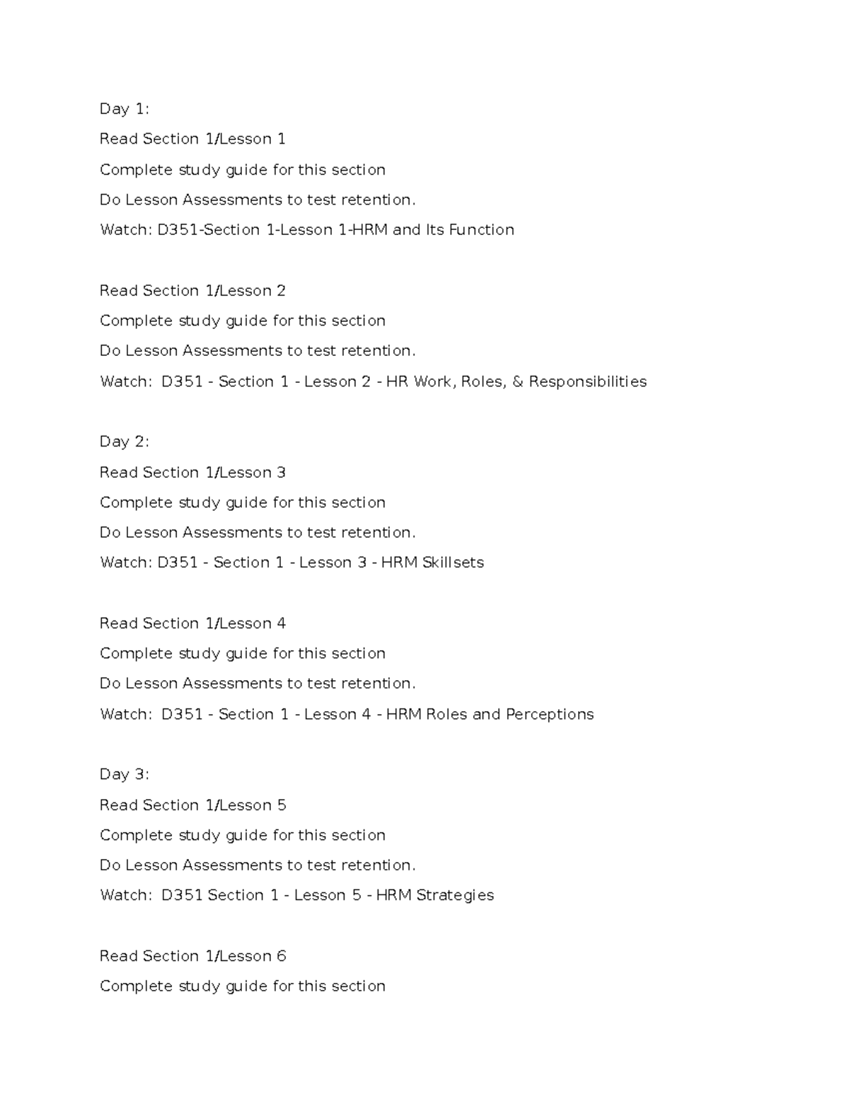 D351 Study Plan - Day 1: Read Section 1/Lesson 1 Complete study guide ...