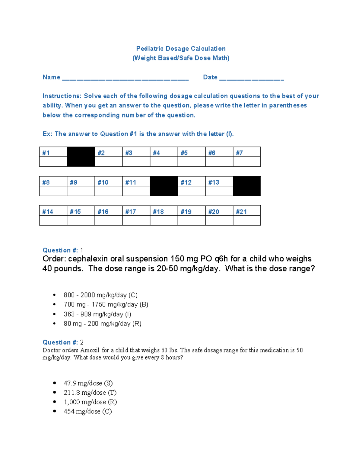 Dosage Calculation Activity (Safe Dose-Weight Based) - Pediatric Dosage ...