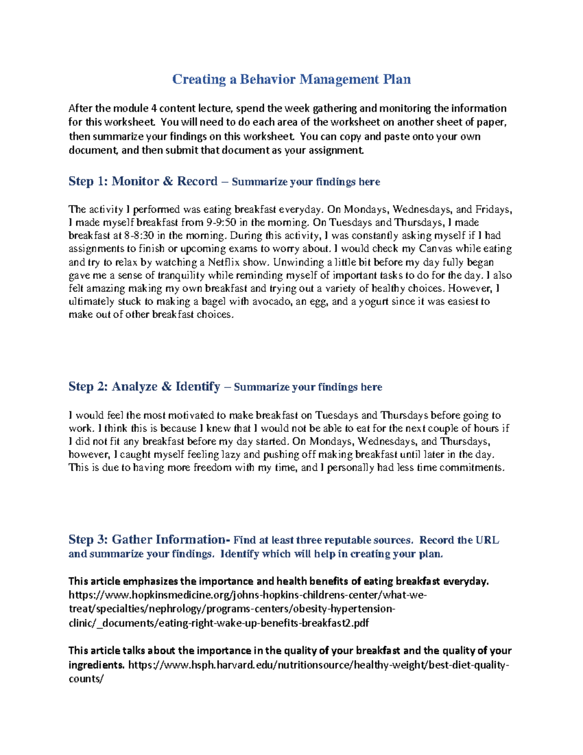 Creating a Behavior Management Plan - You will need to do each area of ...