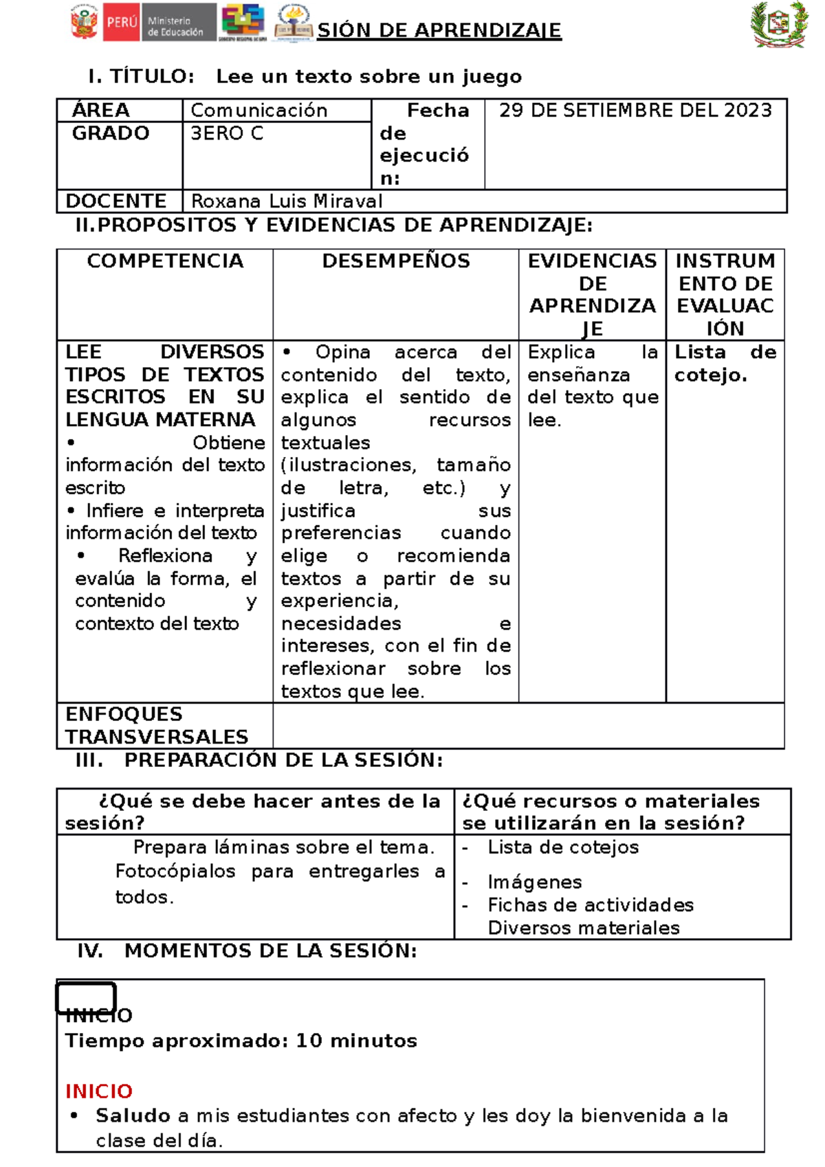 Sesión Leemos sobre un juego - SESIÓN DE APRENDIZAJE I. TÍTULO: Lee un ...