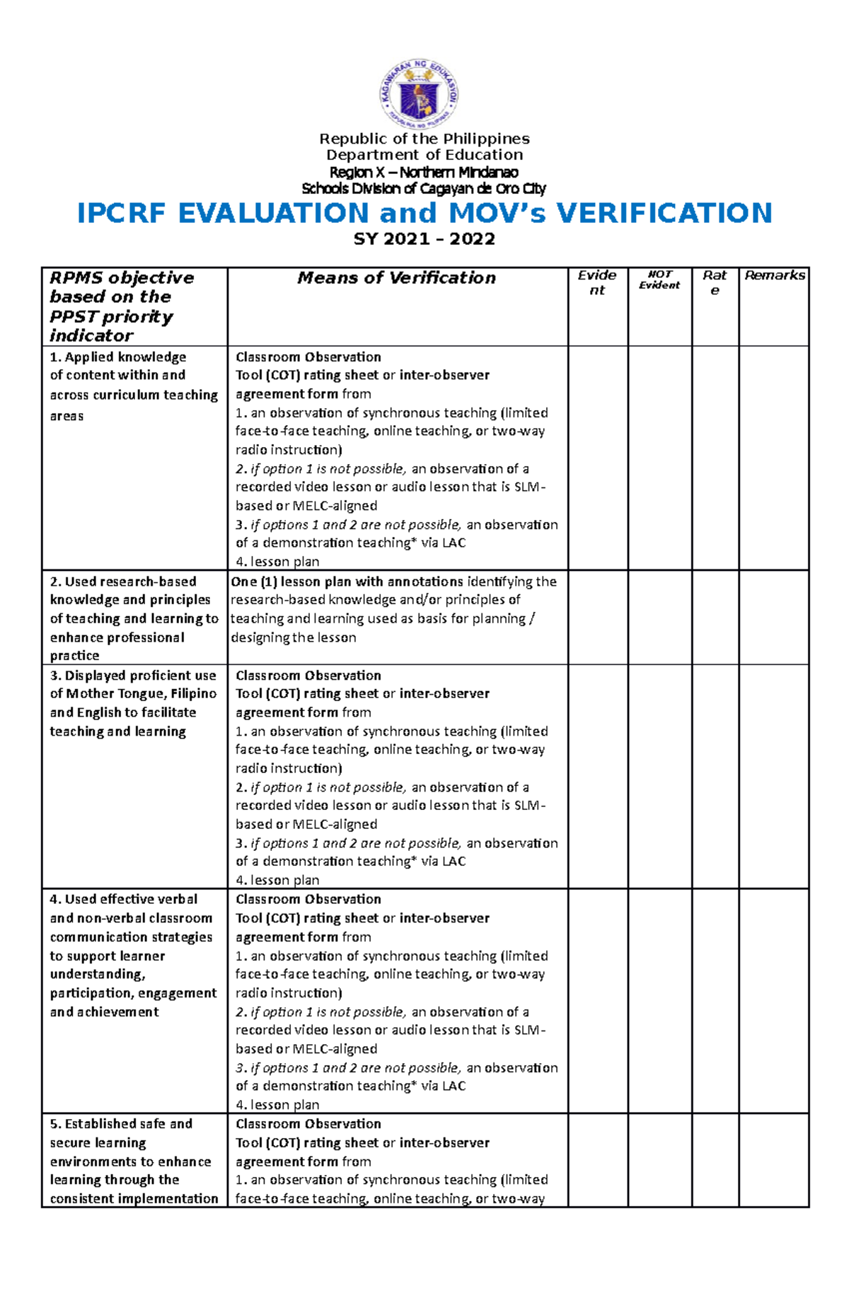 Ipcrf Evaluation and MOVs Verification 2021 2022 - Republic of the ...