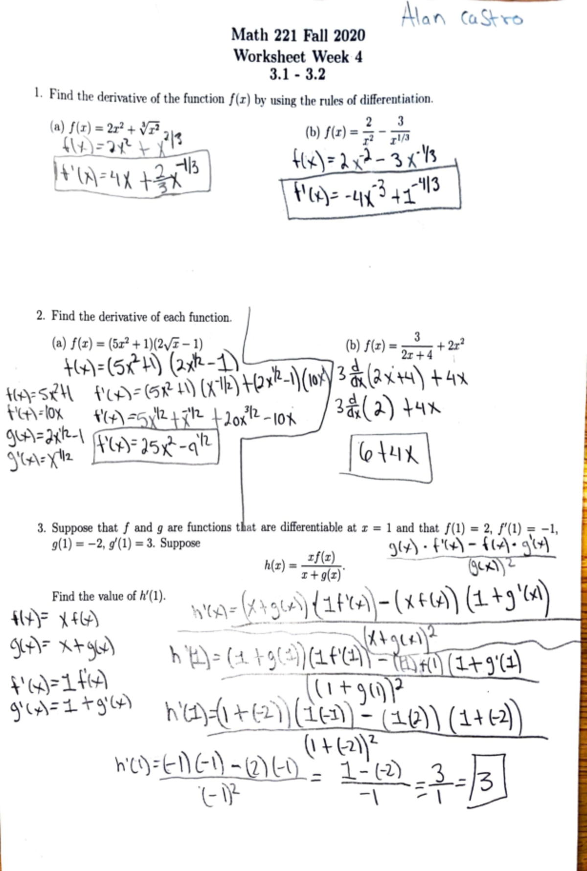 Math Worksheet #4 - Math 221 - Math 221 Fall 2020 Worksheet Week 4 3 - 3. I. Find the derivat ...