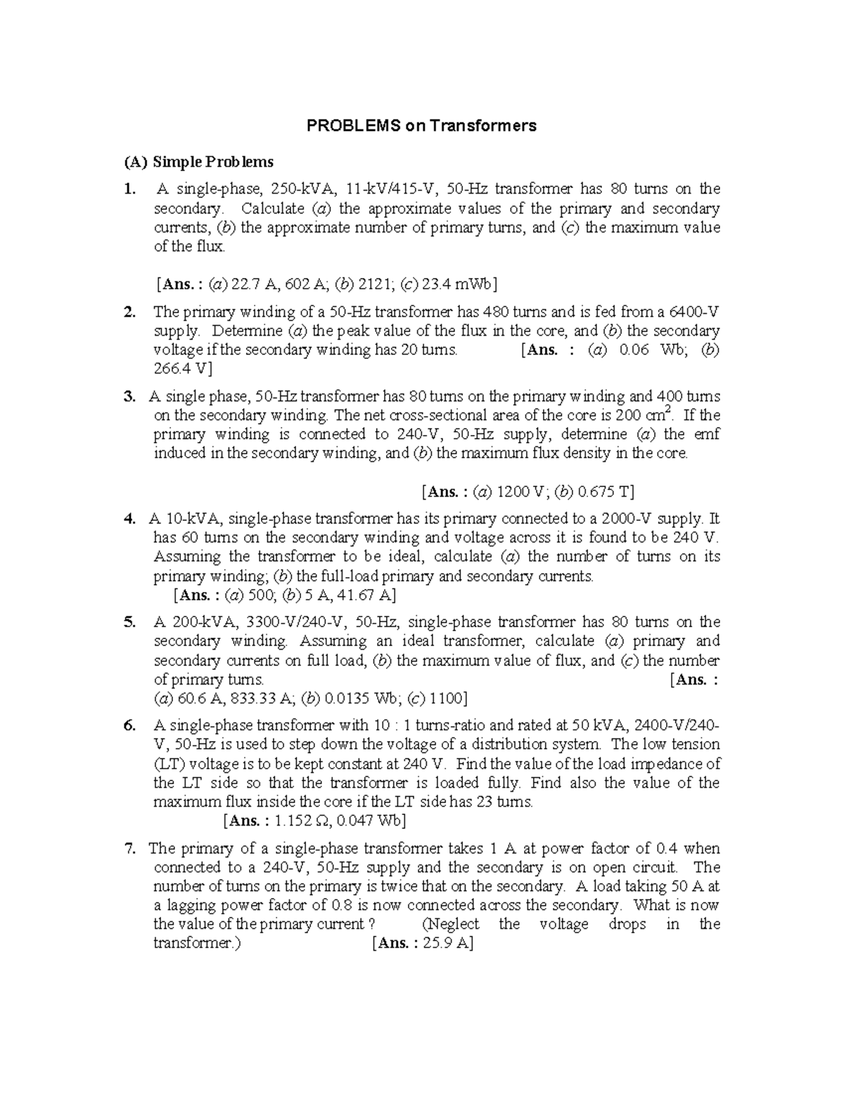 Tutorial-1transformers - PROBLEMS on Transformers (A) Simple Problems A ...