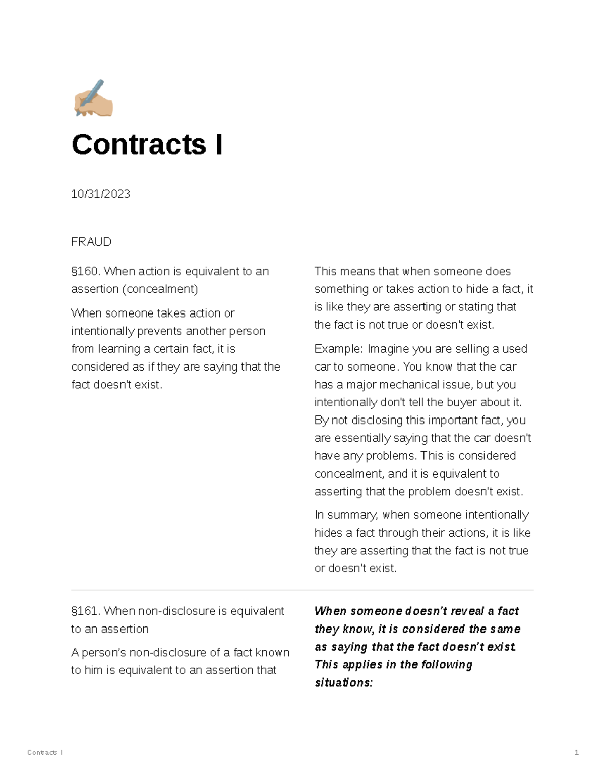 Fraud Restatements for Contracts I - Contracts I 10/31/ FRAUD §160 ...