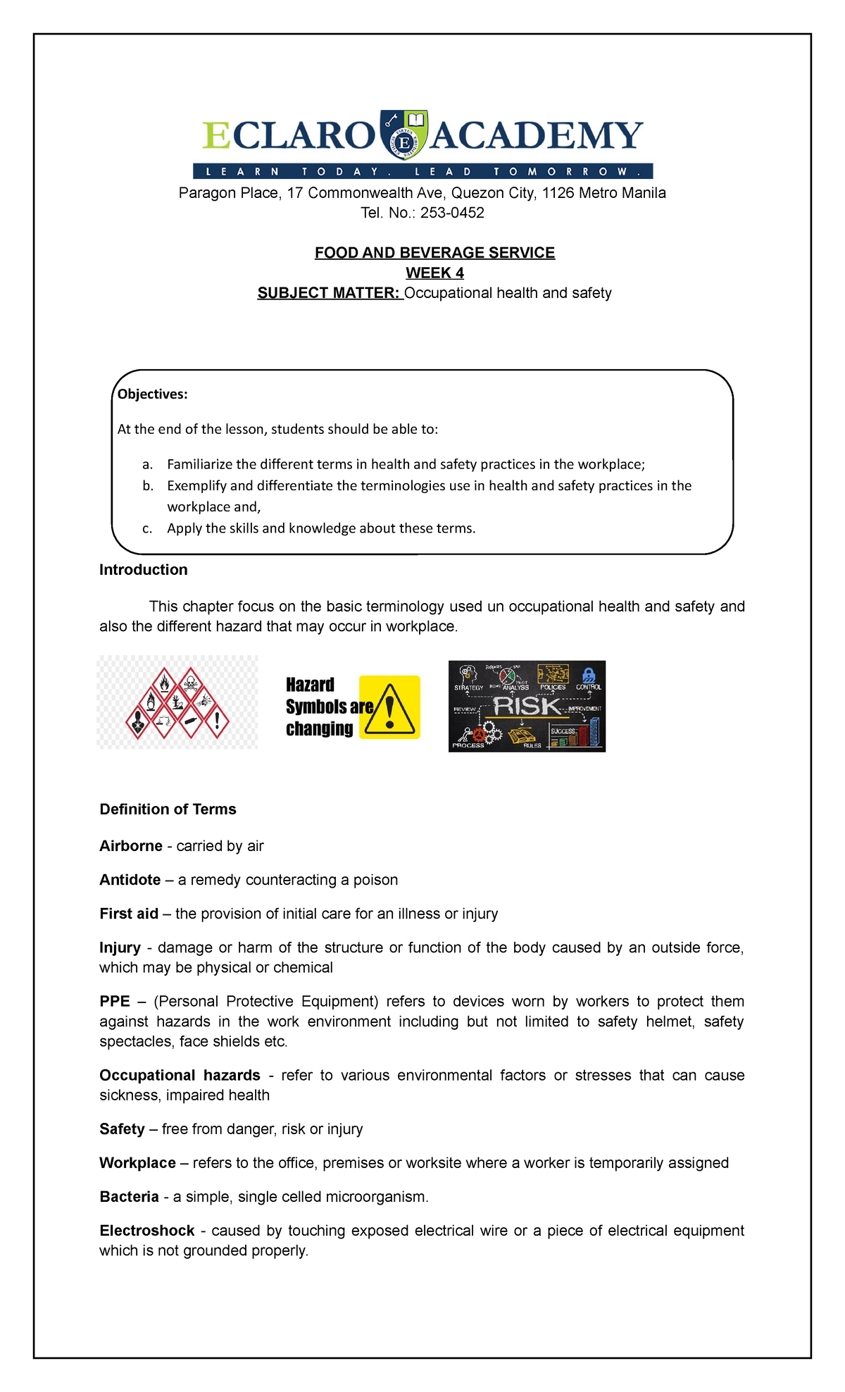 WEEK 4 Occupational Safety - Paragon Place, 17 Commonwealth Ave, Quezon ...