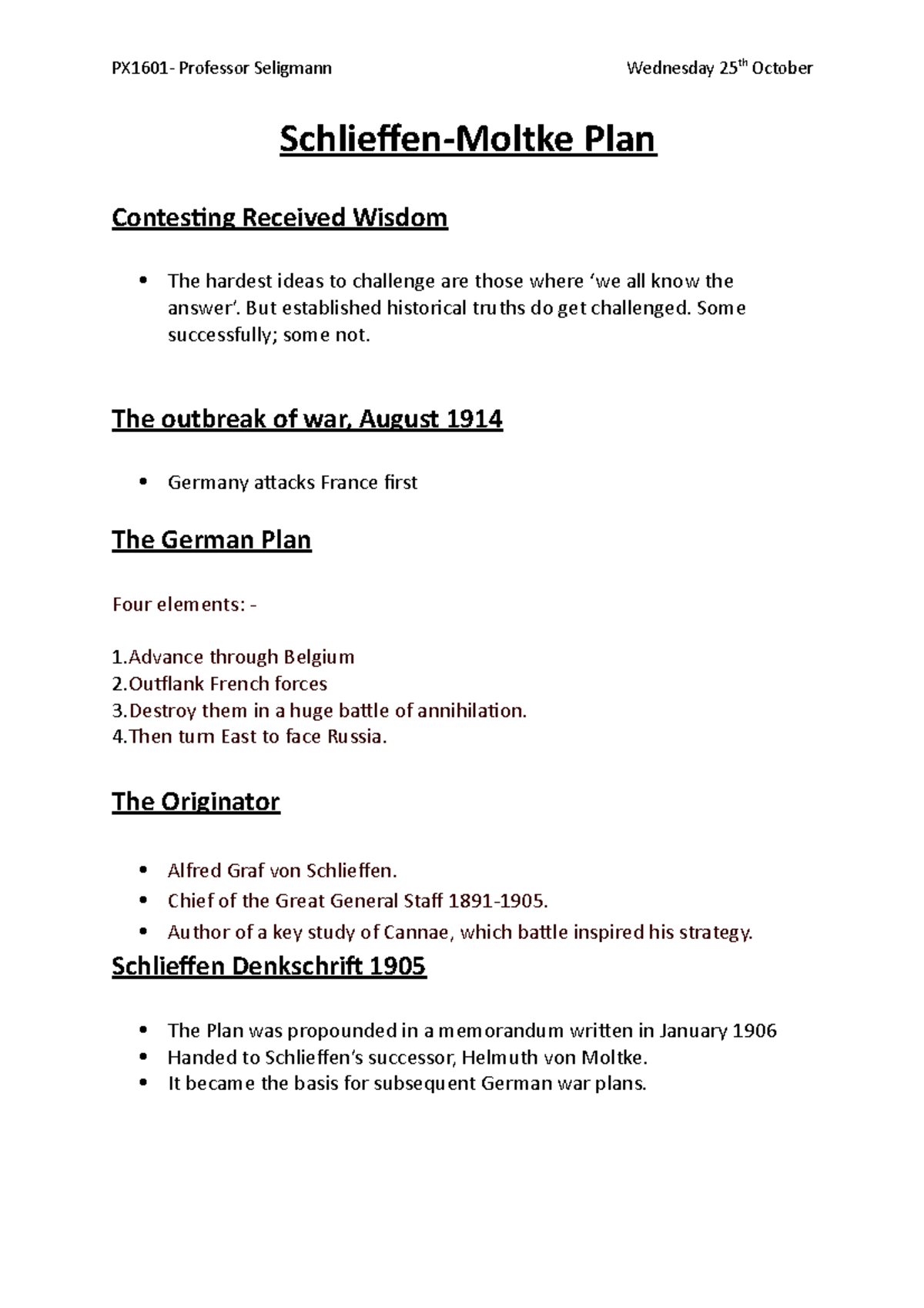 Schlieffen Moltke Plan - Professor Seligmann Wednesday 25th October ...