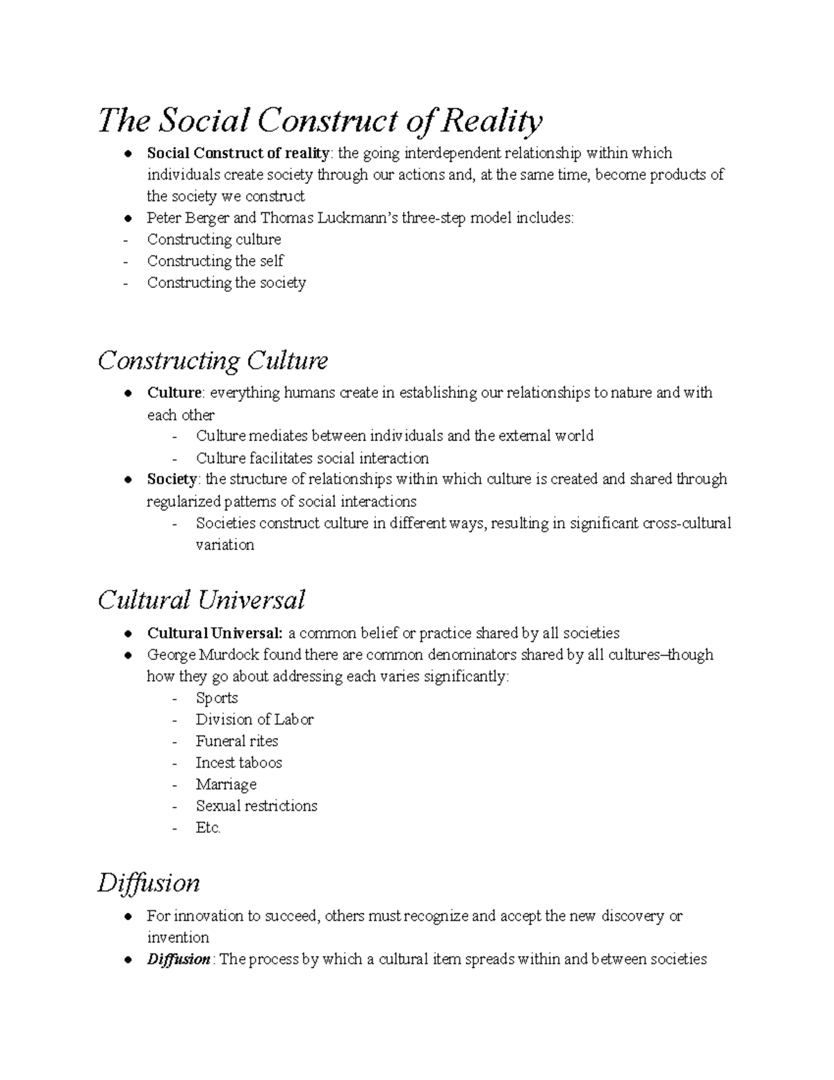 Sociology chapter 3 Culture - The Social Construct of Reality Social ...