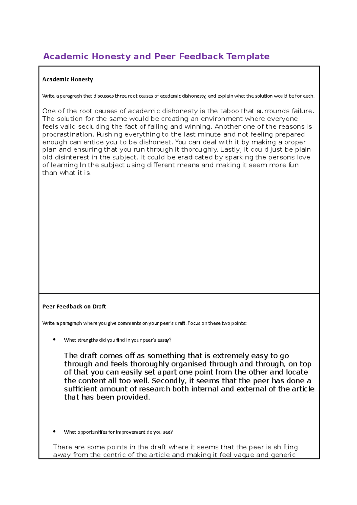 Peer review - Academic Honesty and Peer Feedback Template Academic ...