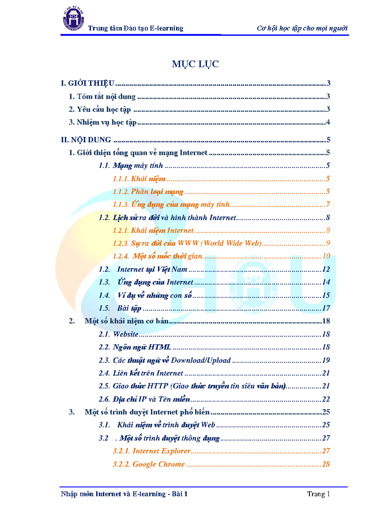 Bài 1 - fewg - MỤC LỤC I. GIỚI THIỆU Tóm tắt nội dung Yêu cầu học tập ...
