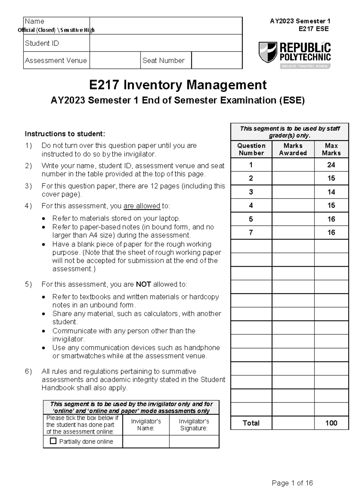 AY 2023 Sem 1 E217 ESE - ESE - Name AY202 3 Semester 1 E217 ESE Student ...