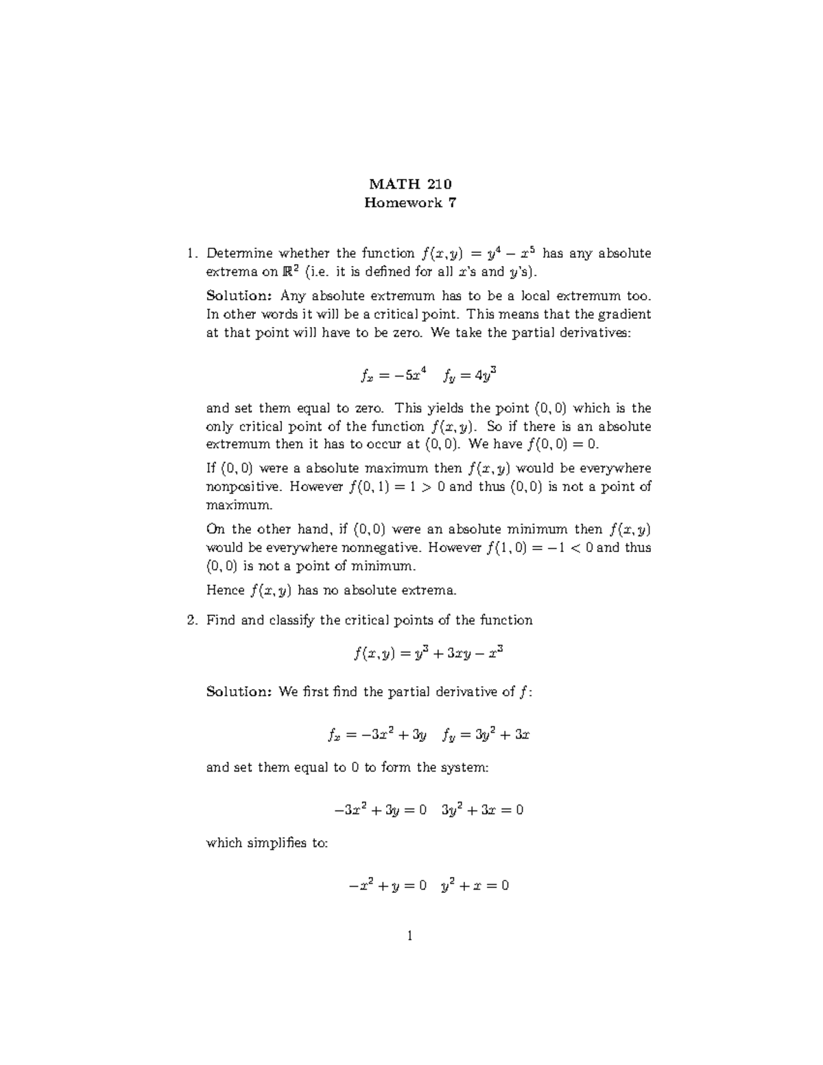 Math 210 Solutions for Written Hw7 - MATH 210 Homework 7 Determine ...