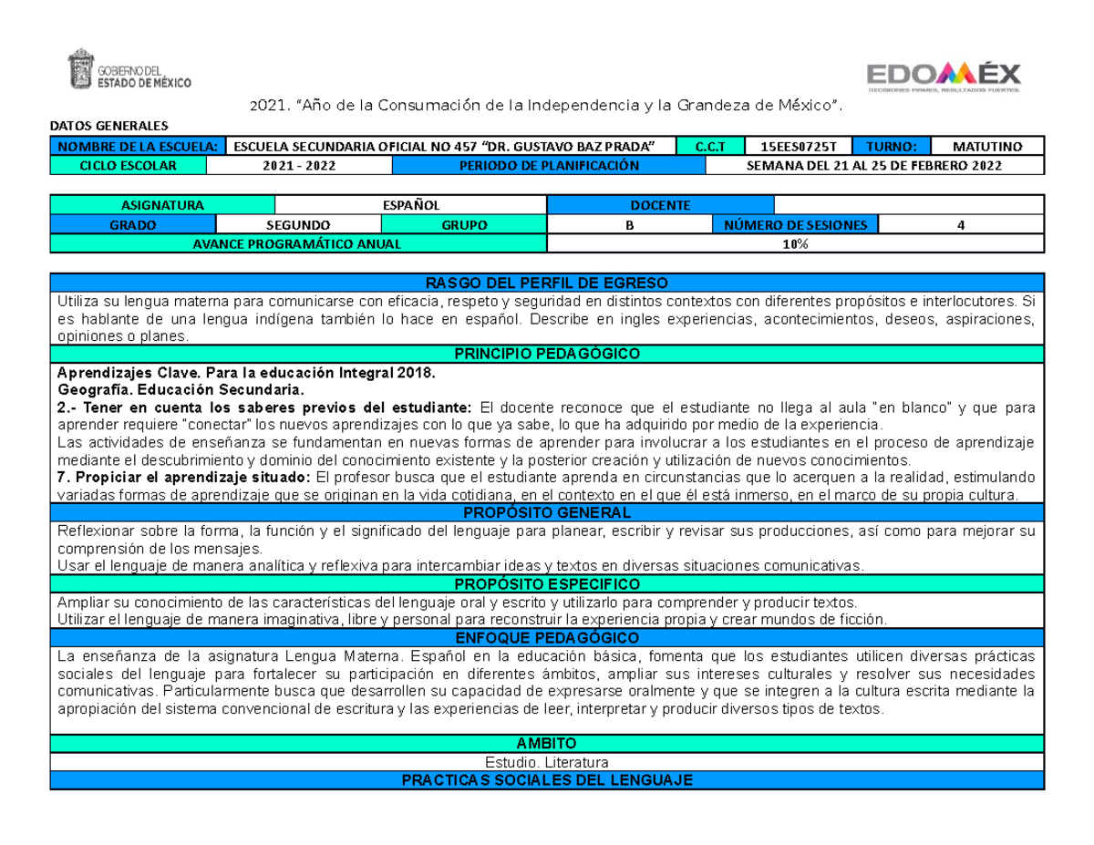 Ejemplo de planeación Español para secundaria - 2 021. “Año de la ...