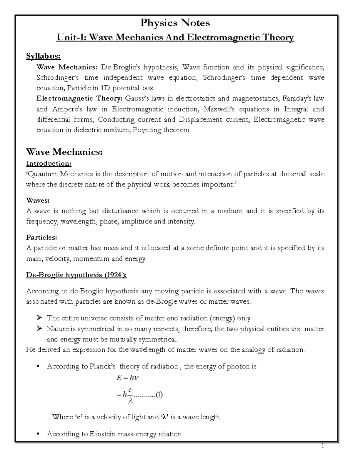 Wave Mechanics and Electromagnetic Theory - Physics Notes Unit-1: Wave ...