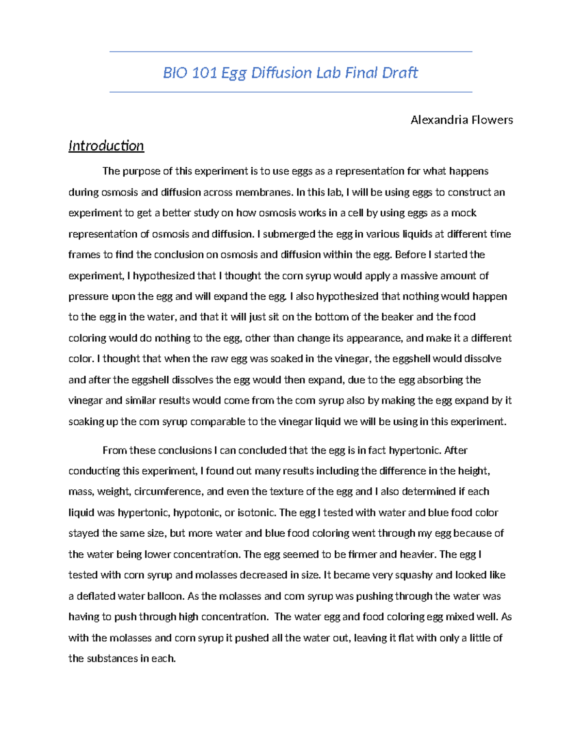 BIO 101 Egg Diffusion Lab - Alexandria Flowers Introduction The purpose ...