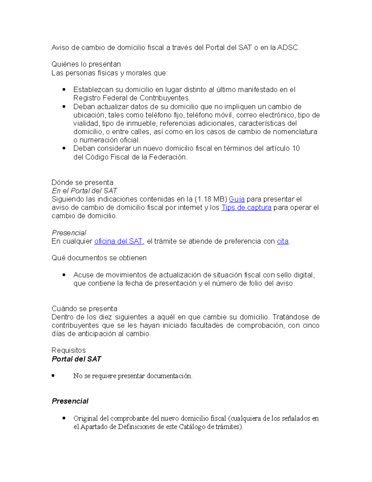 Aviso de cambio de domicilio fiscal a través del Portal del SAT o en la ...