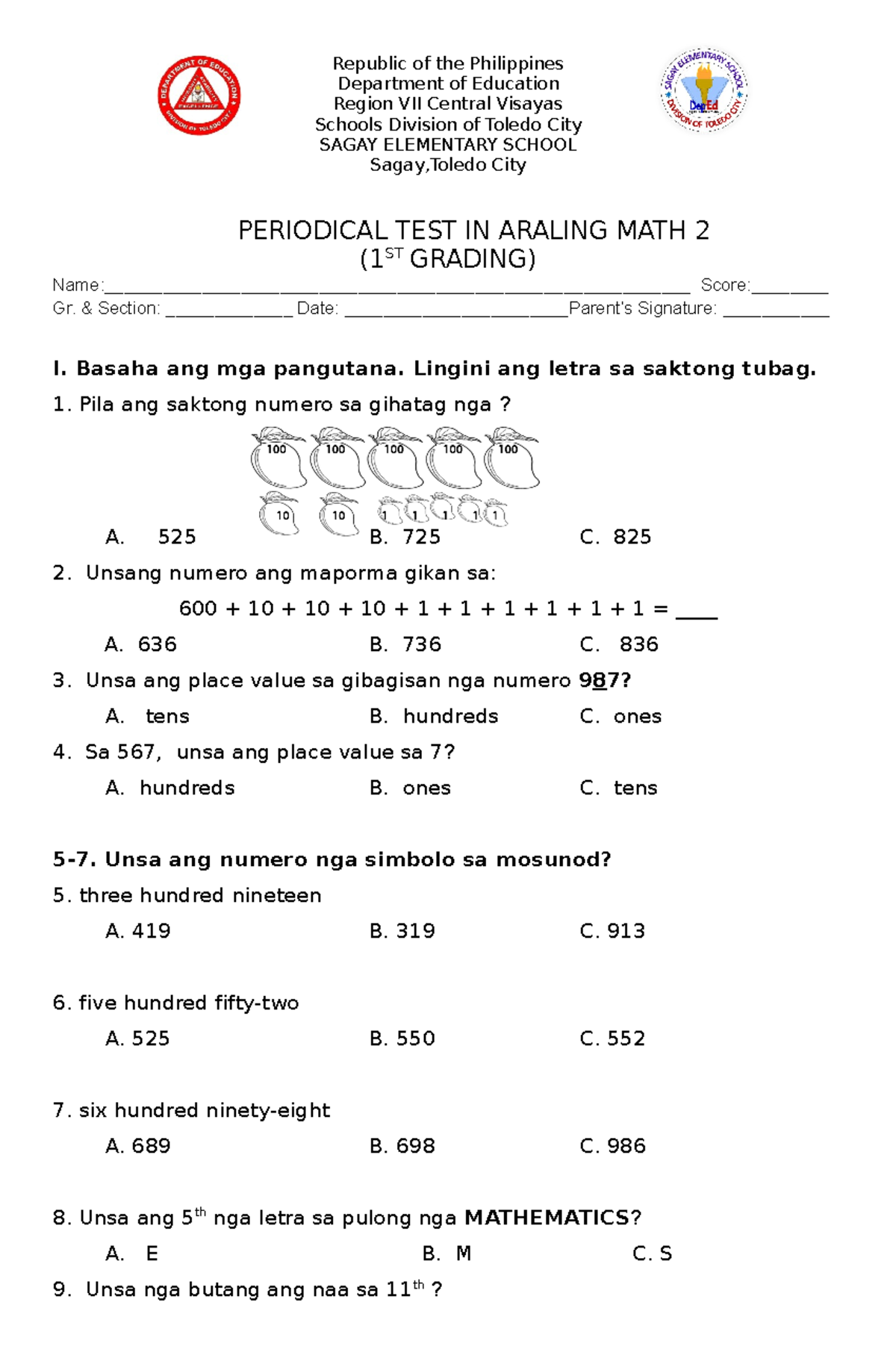 First Quarter TEST MATH 2022 - Republic of the Philippines Department ...