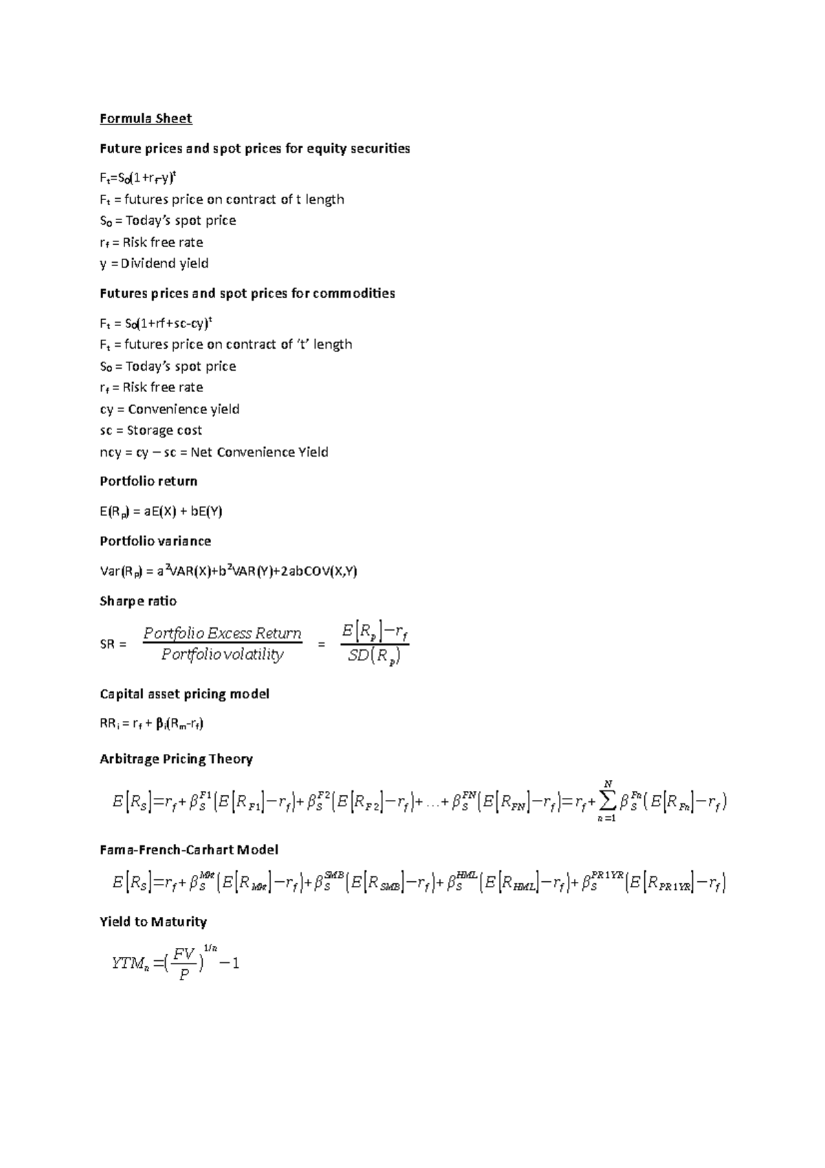 Finance Theory - Formula Sheet - Formula Sheet Future prices and spot ...