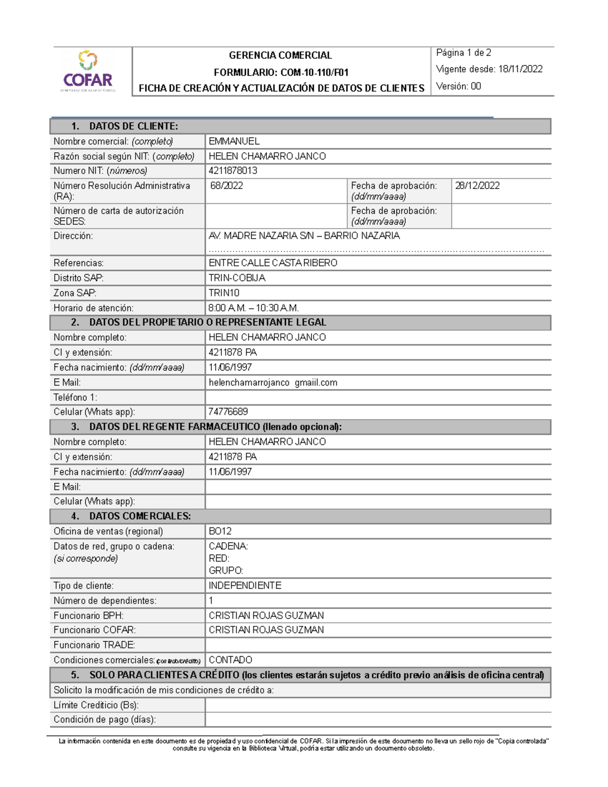Ficha Creación Actualización DE Clientes - GERENCIA COMERCIAL Página 1 ...