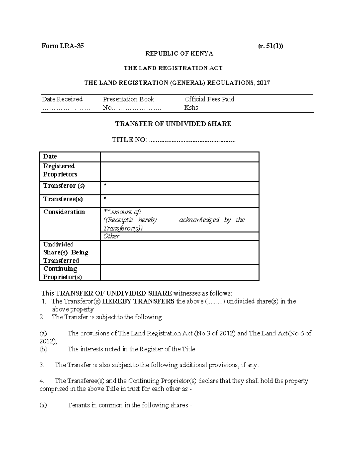 Form LRA 35 Transfer OF Undivided Share - Form LRA-35 (r. 51(1 ...