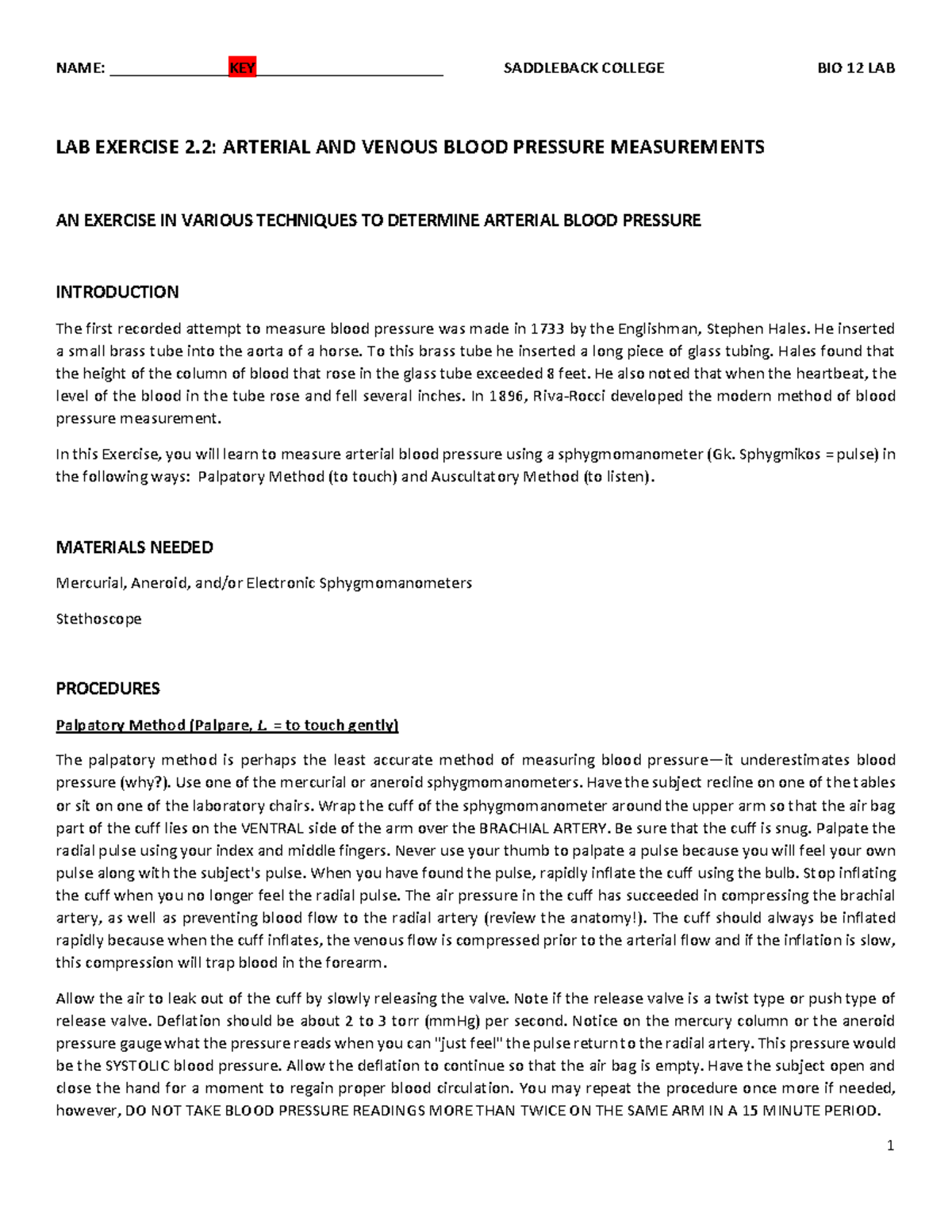 LAB Exercise 2.2 Arterial AND Venous BP Measurements - KEY-1-1 - NAME ...