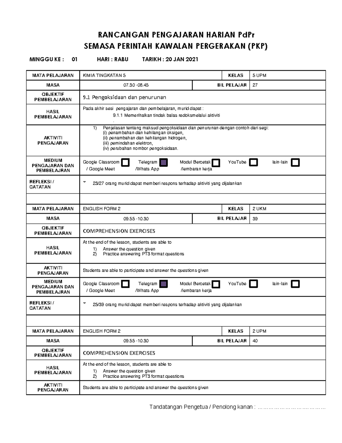 RPH 2021 01 - Rph - RANCANGAN PENGAJARAN HARIAN PdPr SEMASA PERINTAH ...