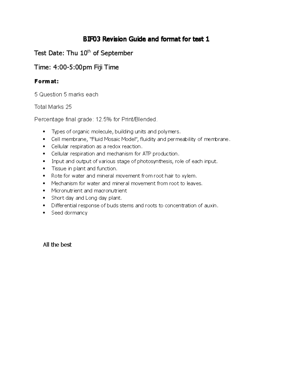 BIF03 Revision Guide and format for test 1 2020 - BIF0 3 Revision Guide ...