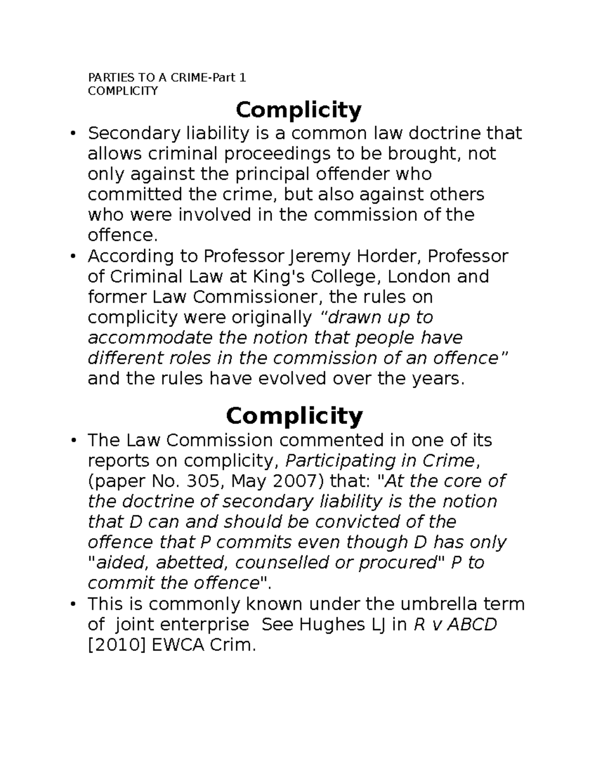 Parties to a crime - Complicity - PARTIES TO A CRIME-Part 1 COMPLICITY ...