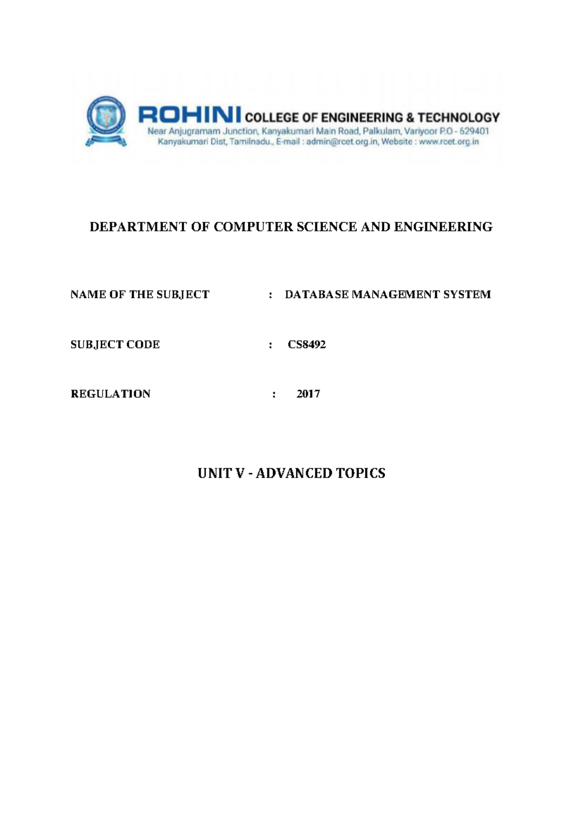 CS8492-UNIT V - DEPARTMENT OF COMPUTER SCIENCE AND ENGINEERING NAME OF THE SUBJECT : DATABASE ...