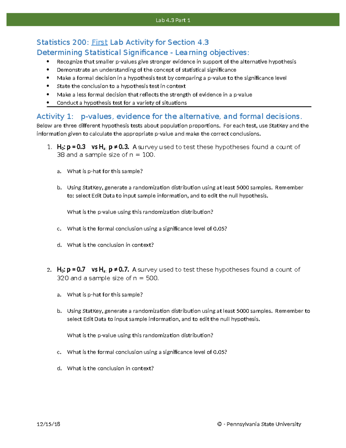 Section #04.3.1 shared lab - Statistics 200: First Lab Activity for Section 4. Determining - Studocu