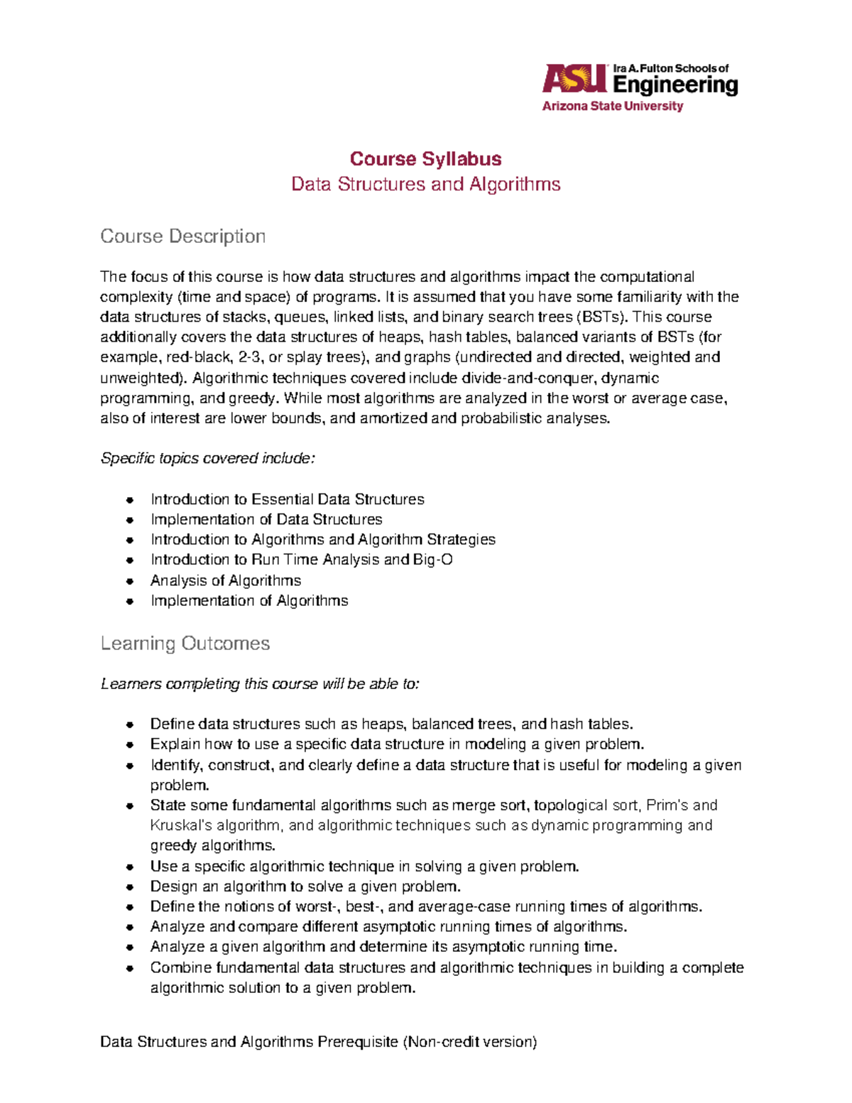 Syllabus - Data Structures and Algorithms - Course Syllabus Data Structures and Algorithms ...