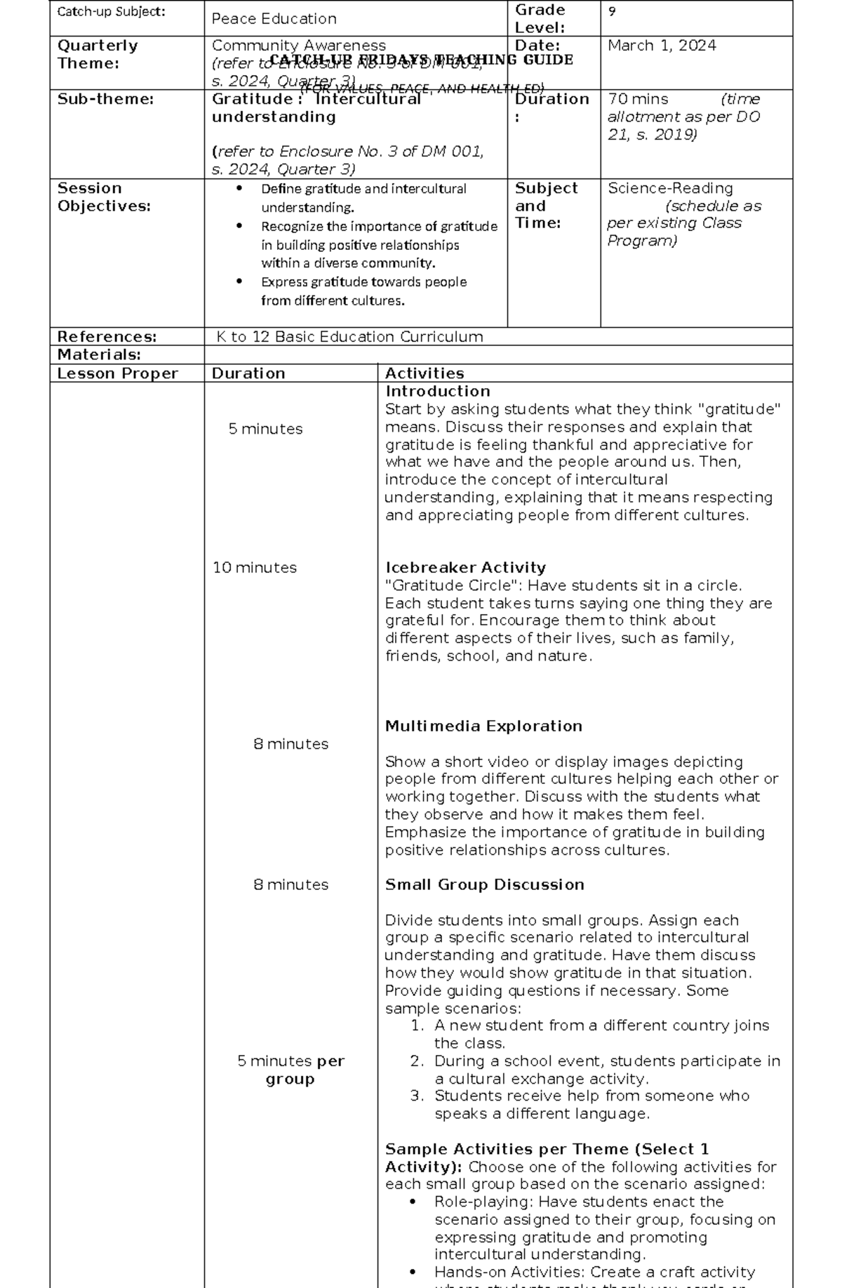 Grade 9 -peace and val ed catch-up plan on friday - CATCH-UP FRIDAYS ...