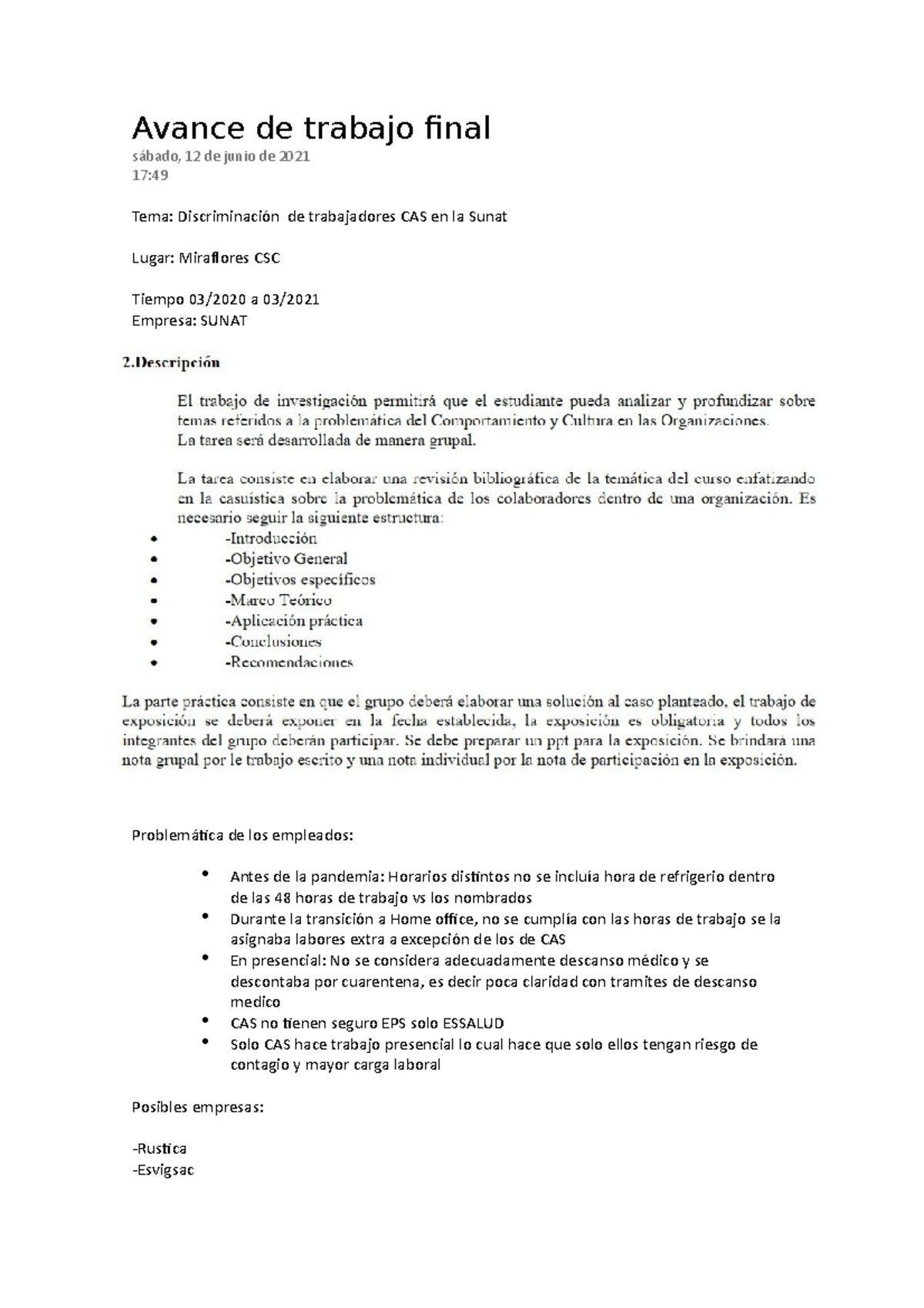 Avance de trabajo final - Avance de trabajo final sábado, 12 de junio de 2021 17: Tema: - Studocu