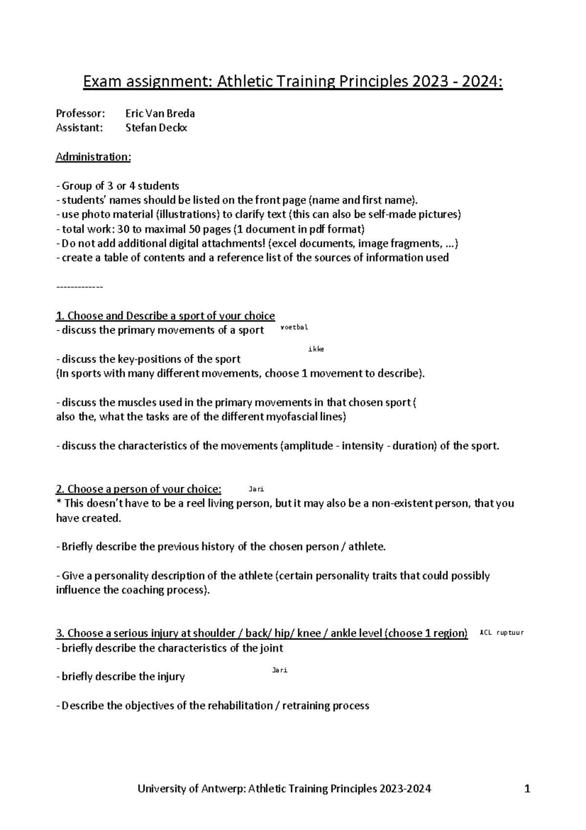 Exam assignment Athletic Training Principles 2023-2024 engelse versie ...