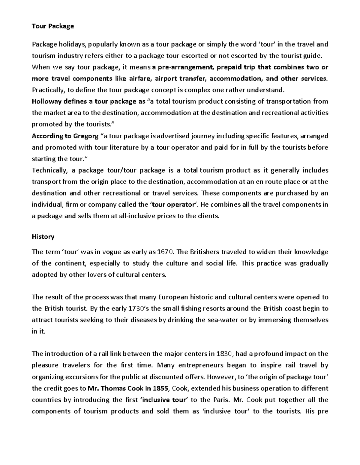 Unit -1 - Travel and Tourism Studies - Tour Package Package holidays ...