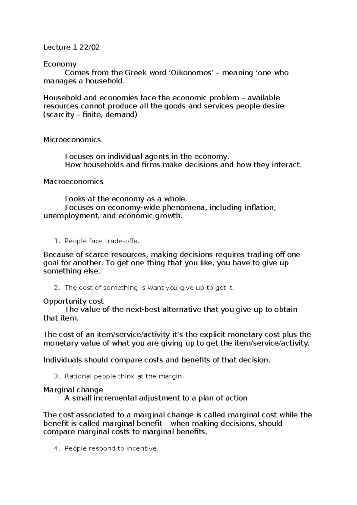 Economics notes - Lecture 1 22/ Economy Comes from the Greek word ...