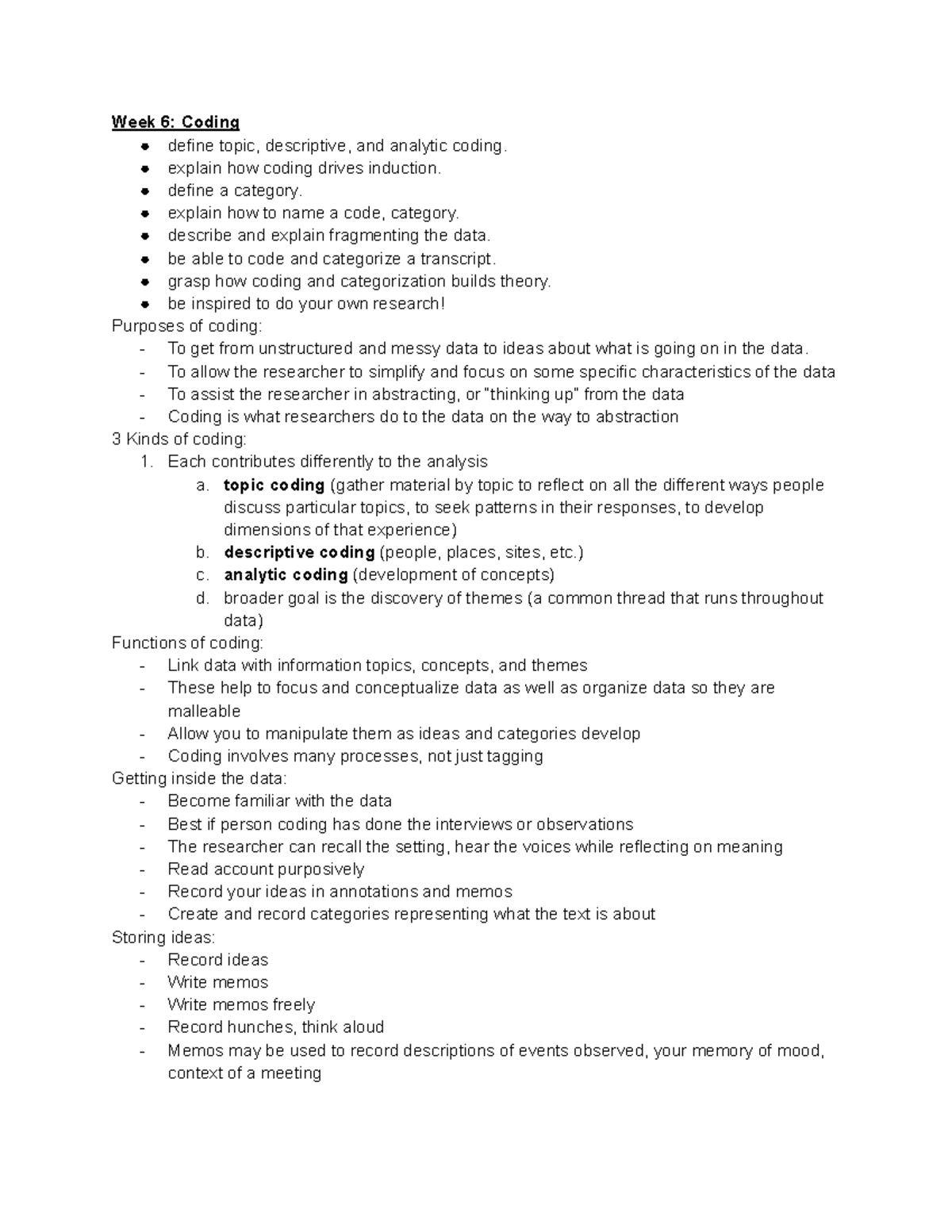 Week 6 Coding - Lecture notes 6 - NURS 3031 - TrentU - Studocu