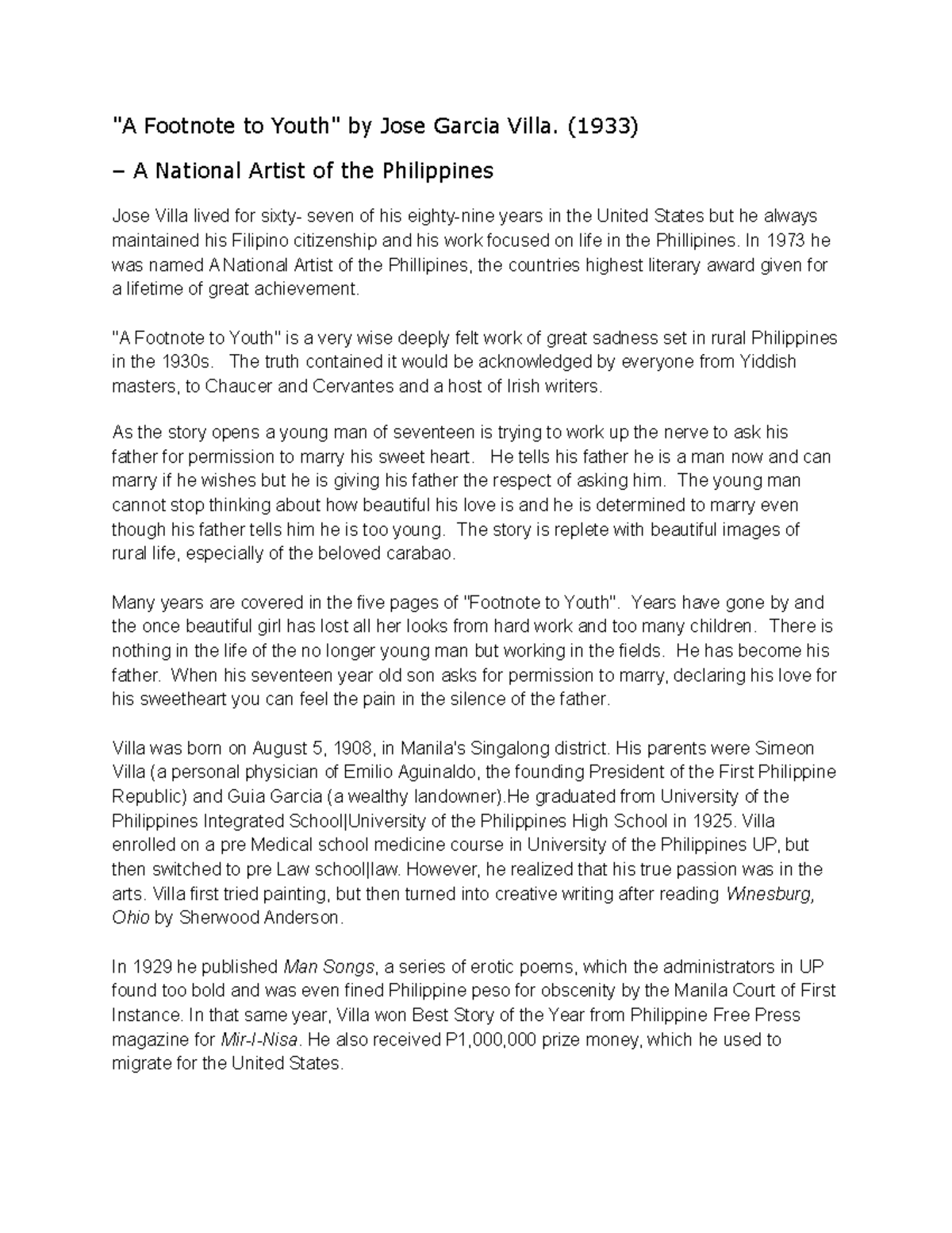 Footnote-TO- Youth - "A Footnote to Youth" by Jose Garcia Villa. (1933 ...