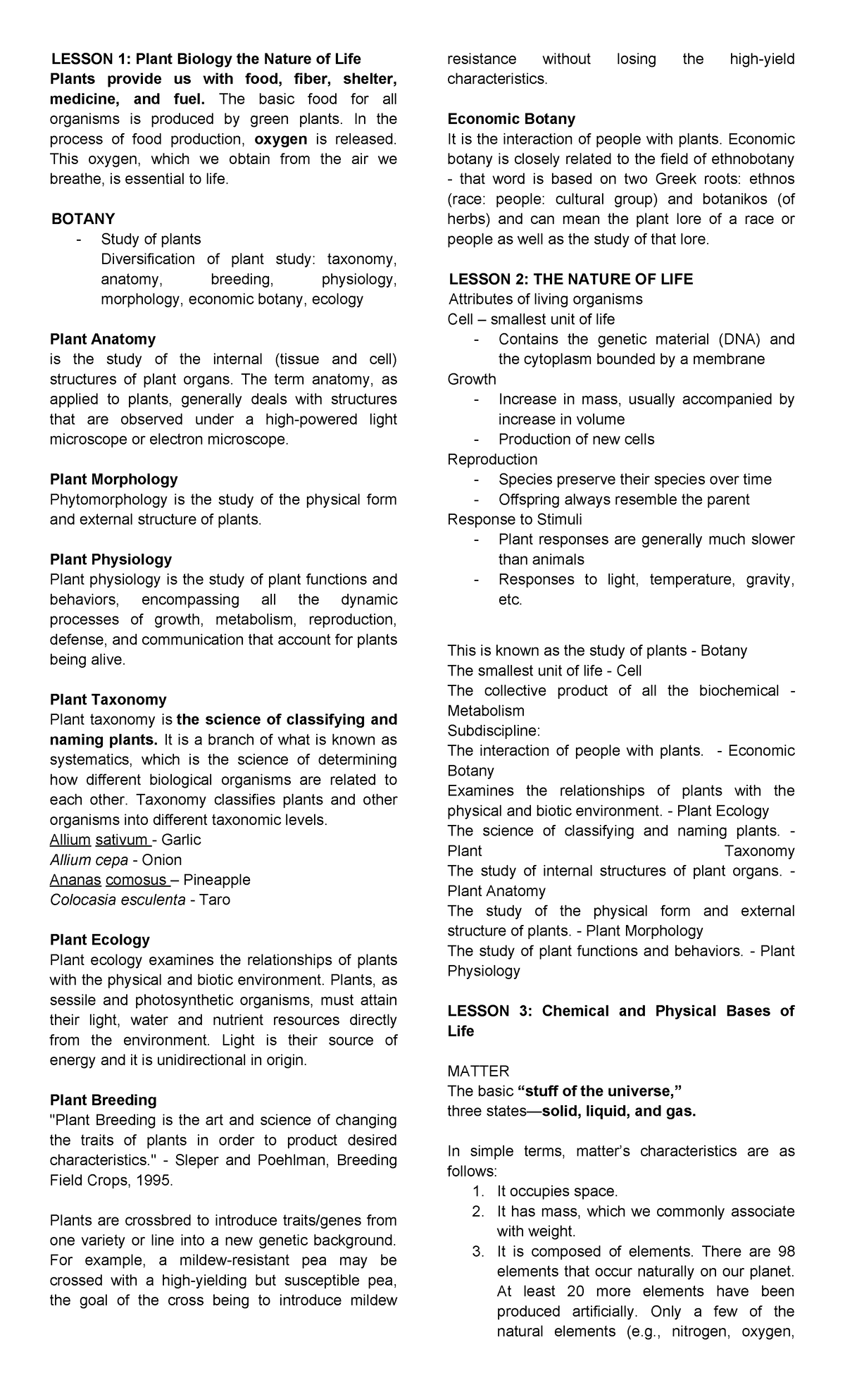 Botany Handouts - LESSON 1: Plant Biology the Nature of Life Plants ...
