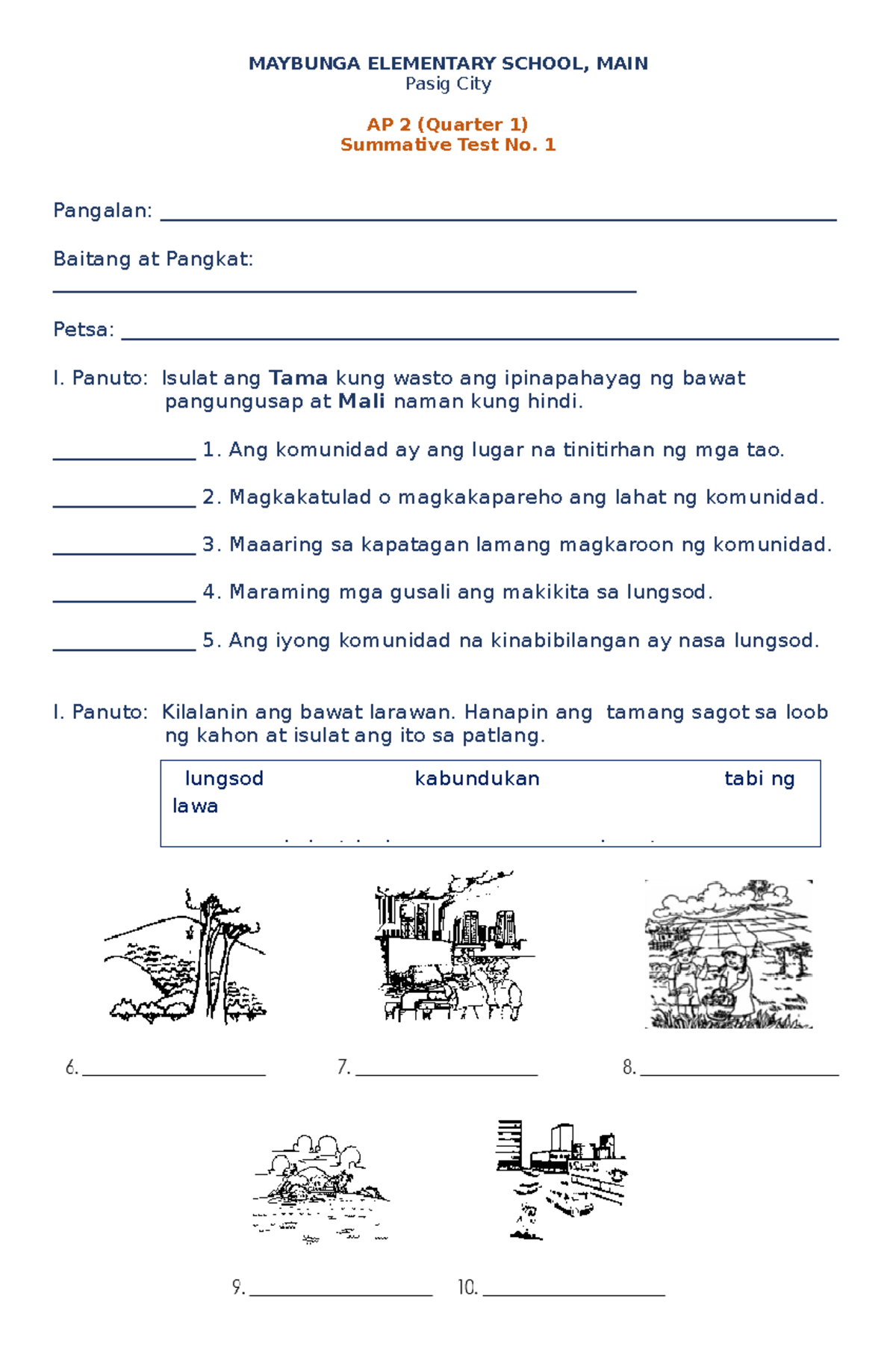 AP2 Q1 ST No - AP grade 2 summative test 1 - MAYBUNGA ELEMENTARY SCHOOL ...