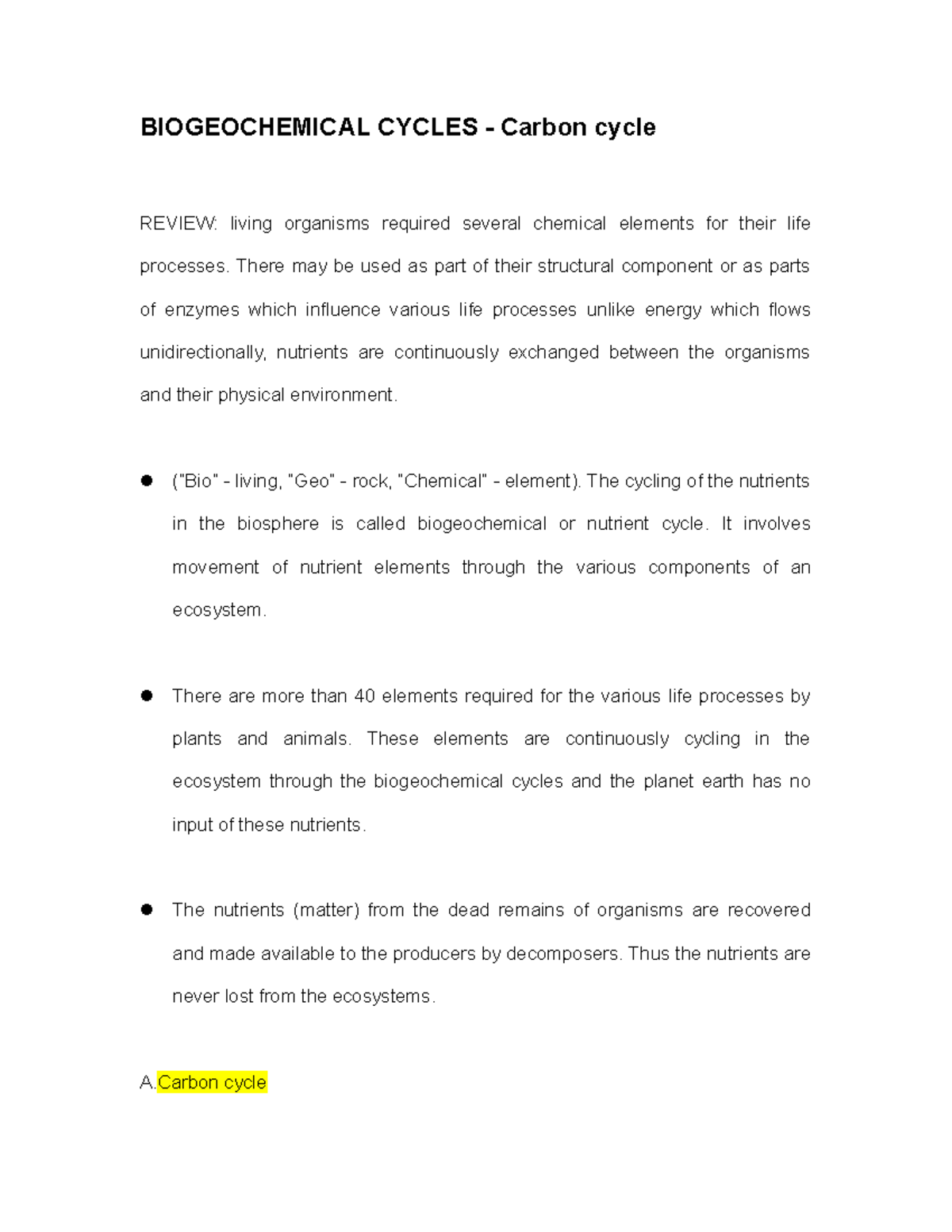 Biogeochemical Cycles - Carbon cycle - BIOGEOCHEMICAL CYCLES - Carbon ...