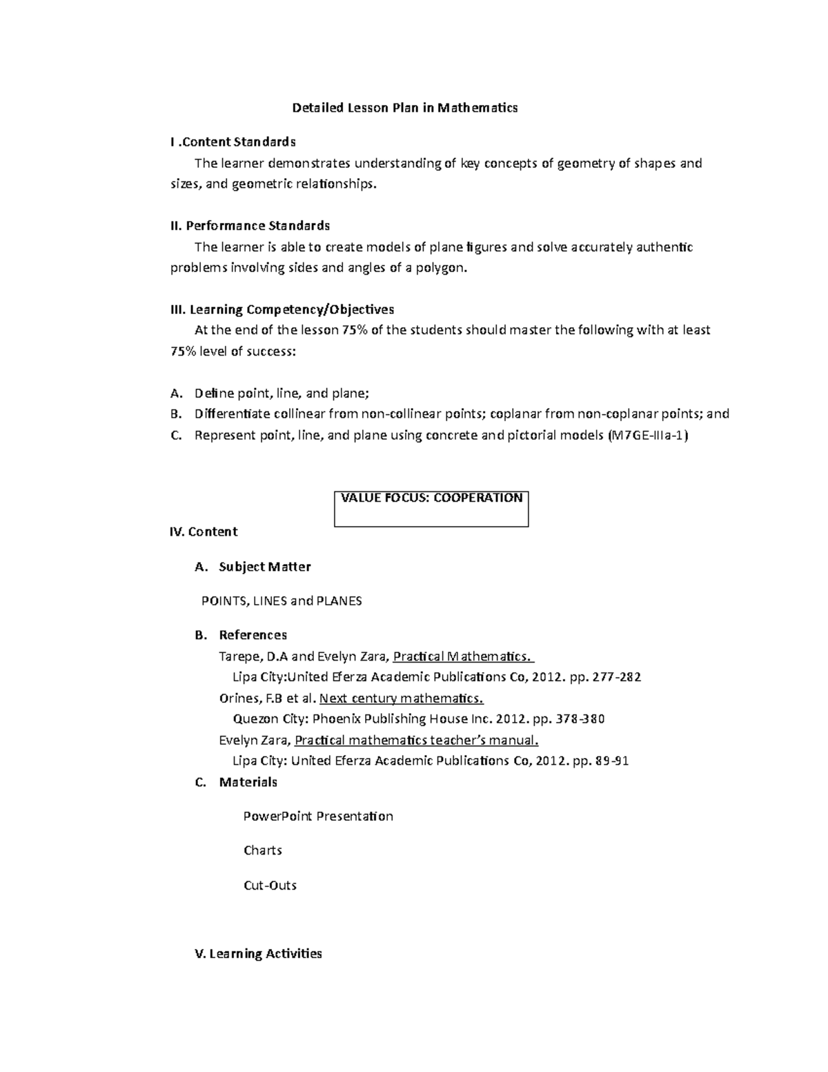 Detailed Lesson Plan in Mathematics - Content Standards The learner ...