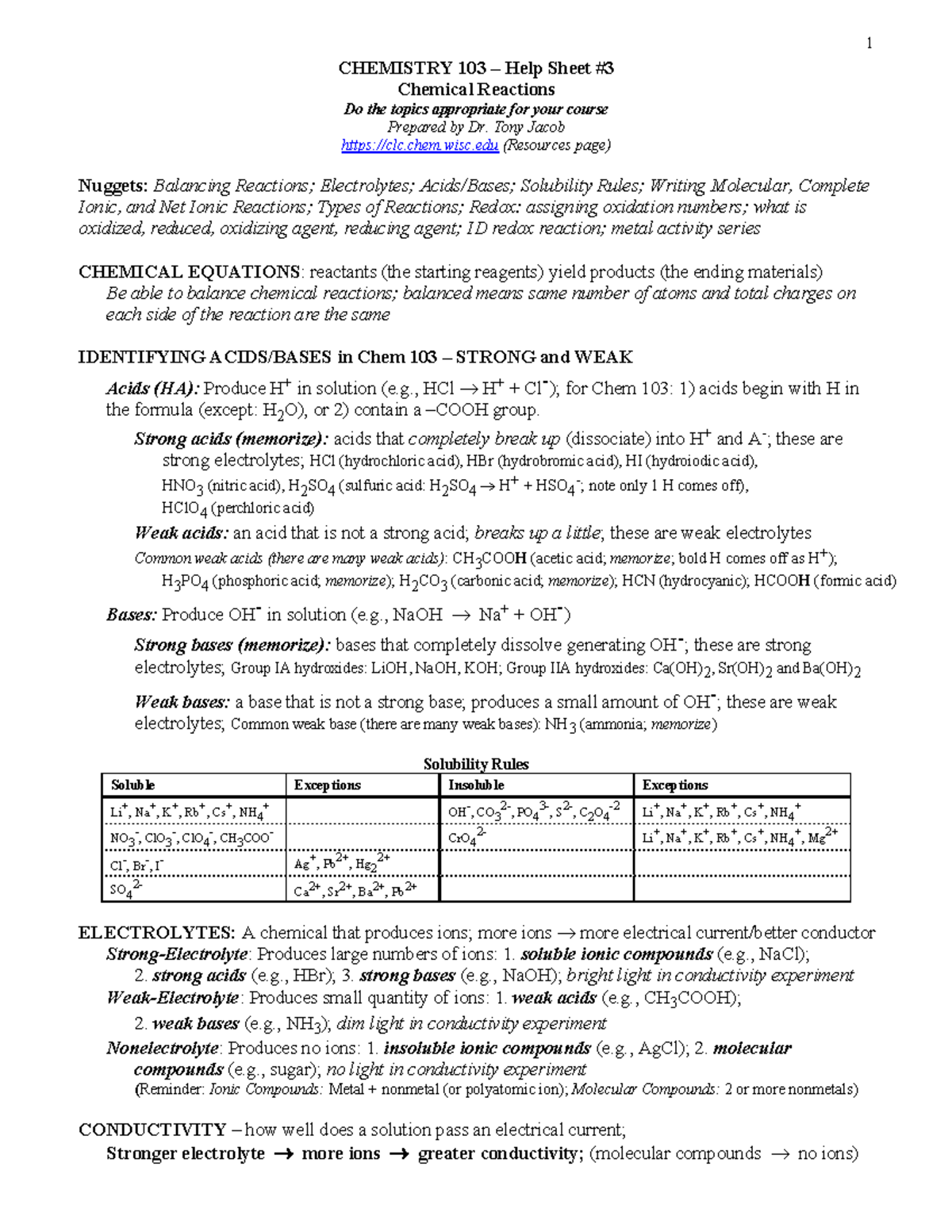 Helpsheet 03 103 - CHEMISTRY 103 – Help Sheet Chemical Reactions Do the ...