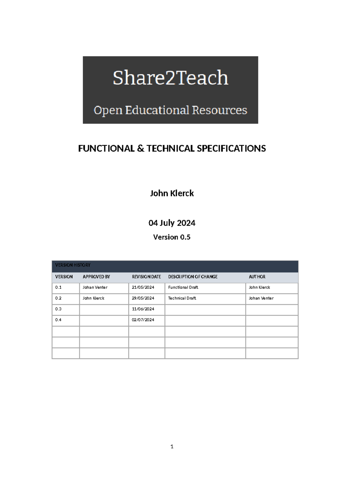 S2T - Tech Func Spec v1 - An assignment for the group project for the ...