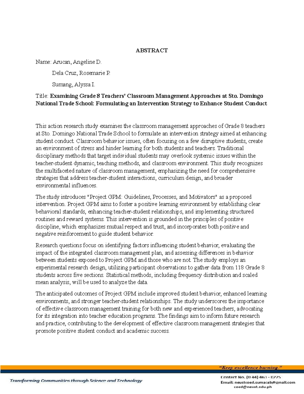 Abstract - ABSTRACT Name: Arucan, Angeline D. Dela Cruz, Rosemarie P ...