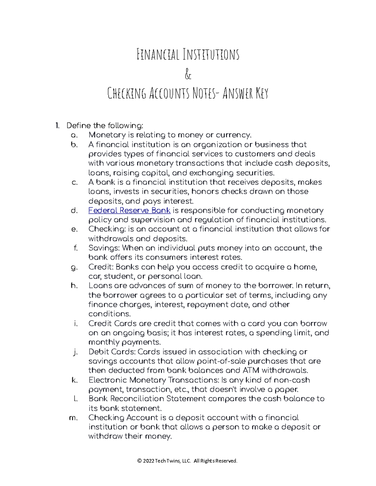 3-Notes Answer Key, Financial Institutions Checking Accounts ...