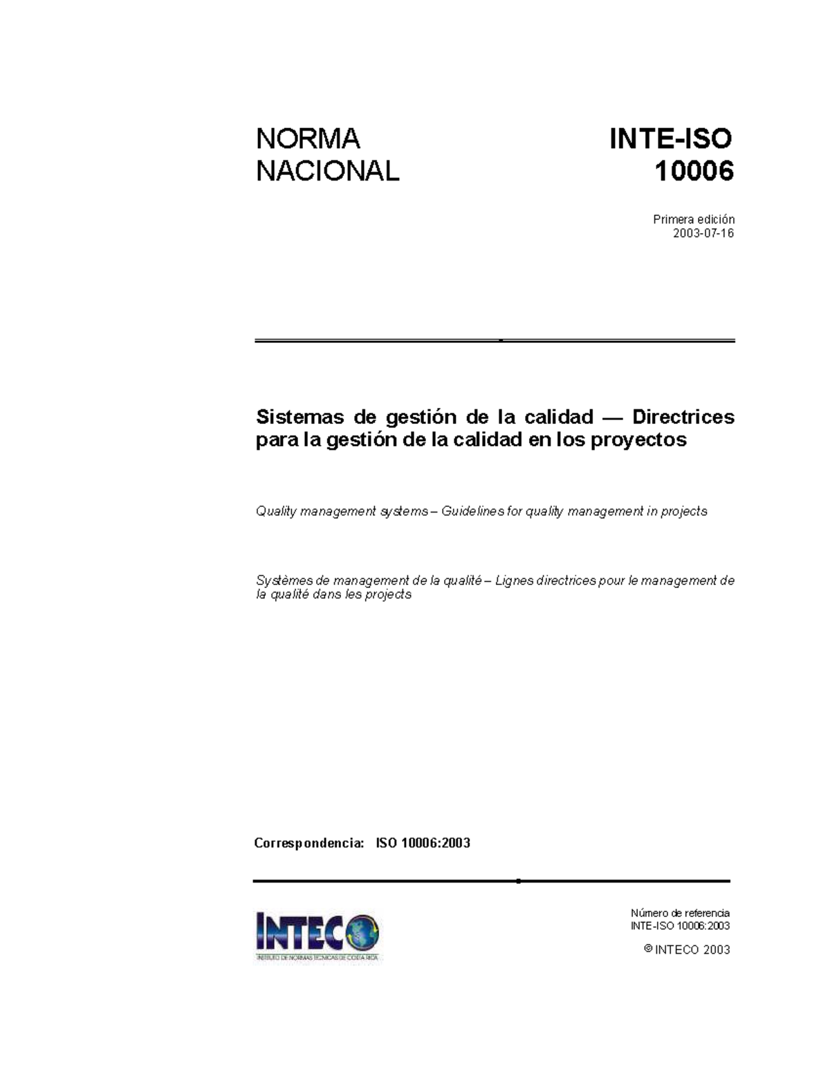 ISO-10006 Directrices para Gestión de Calidad - Correspondencia: ISO 10006:20 03 Número de - Studocu