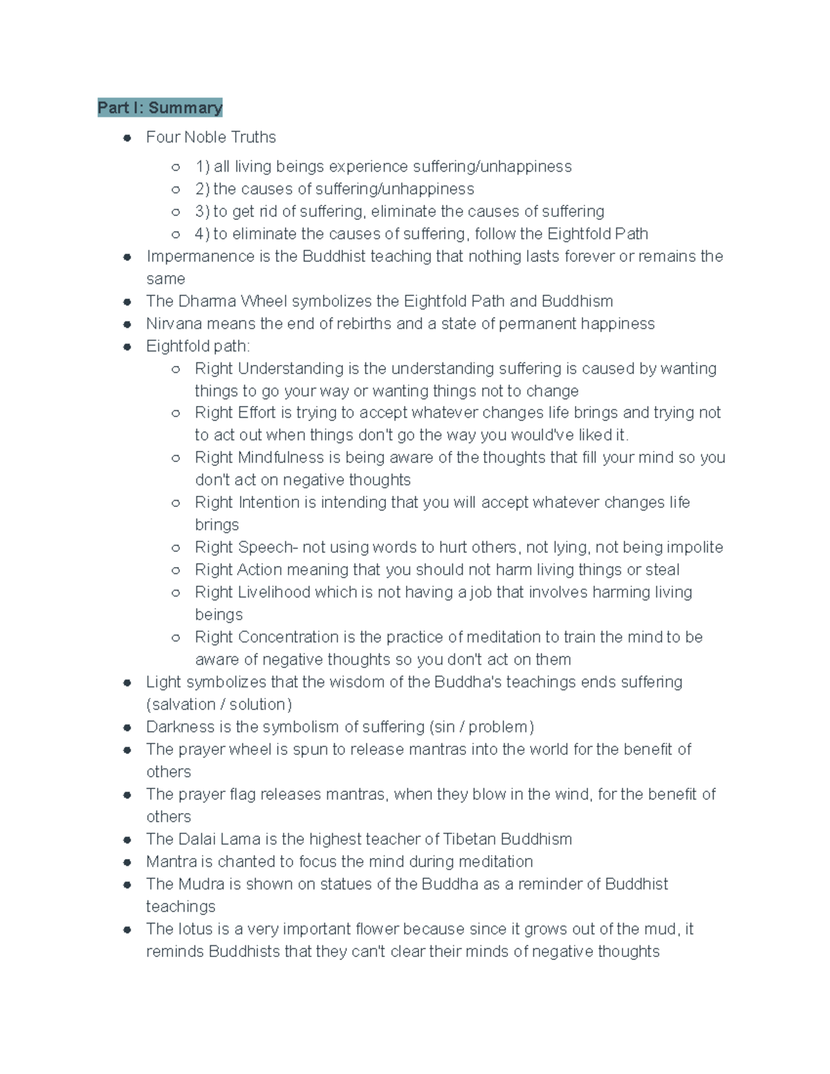 God is not One Chapter 5 - Part I: Summary Four Noble Truths 1) all ...