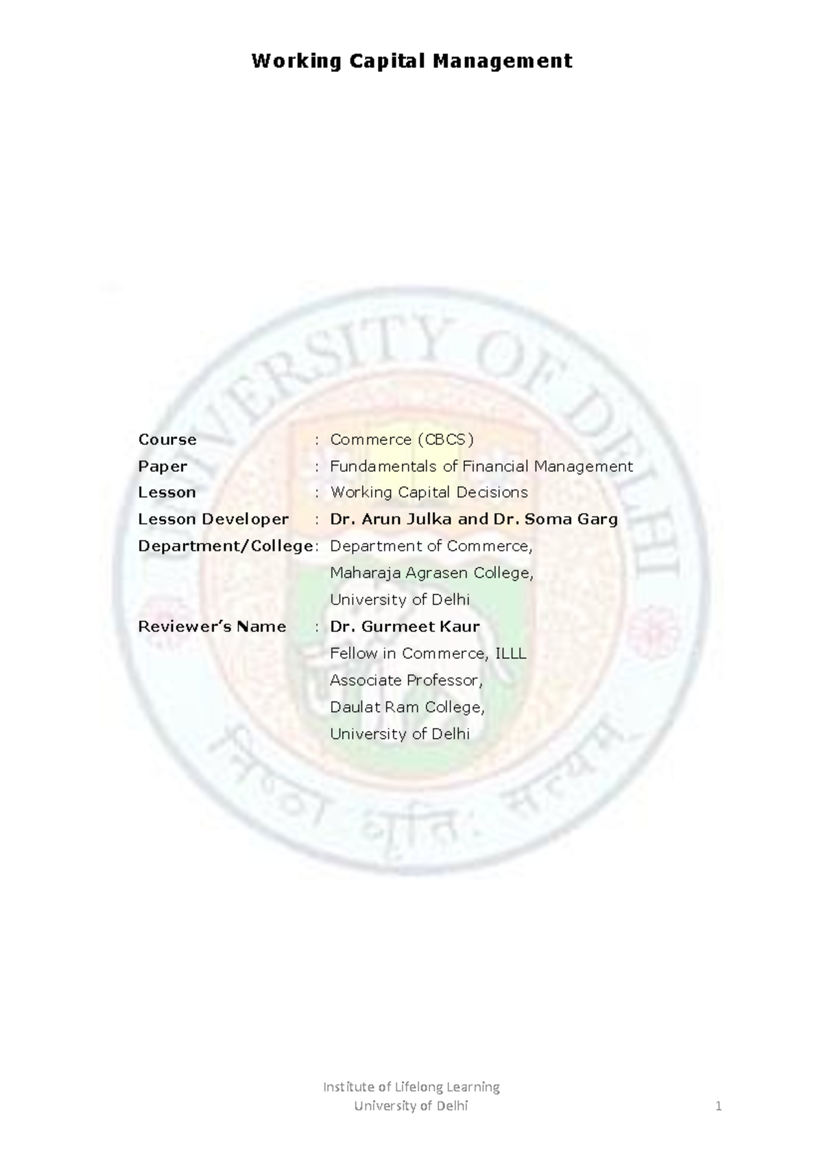 Working Capital Management - Institute of Lifelong Learning Course ...